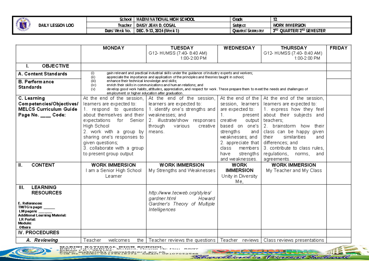 DLL W1 G12 Work Immersion Daily Lesson Log (Dec. 9-13, 2024) - Studocu