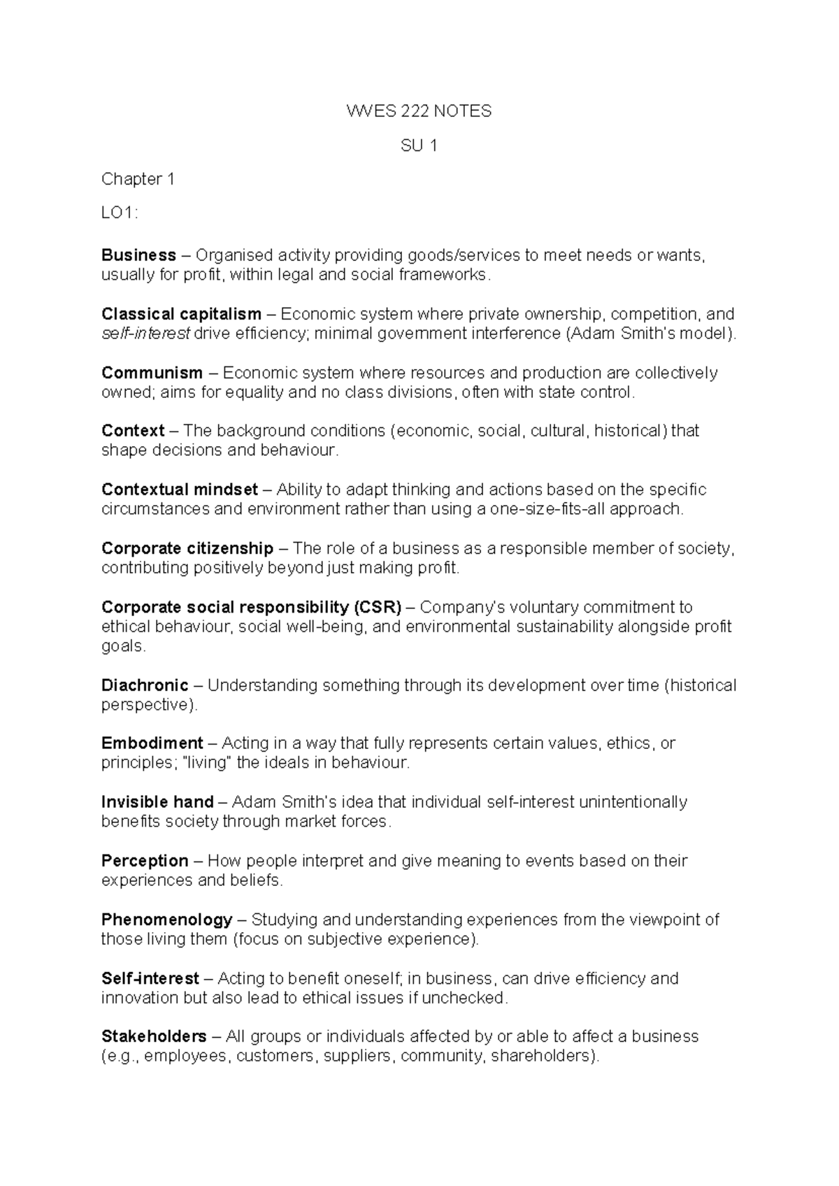 WVES 222 SU1&2 - Comprehensive Notes on Business Context and Ethics ...