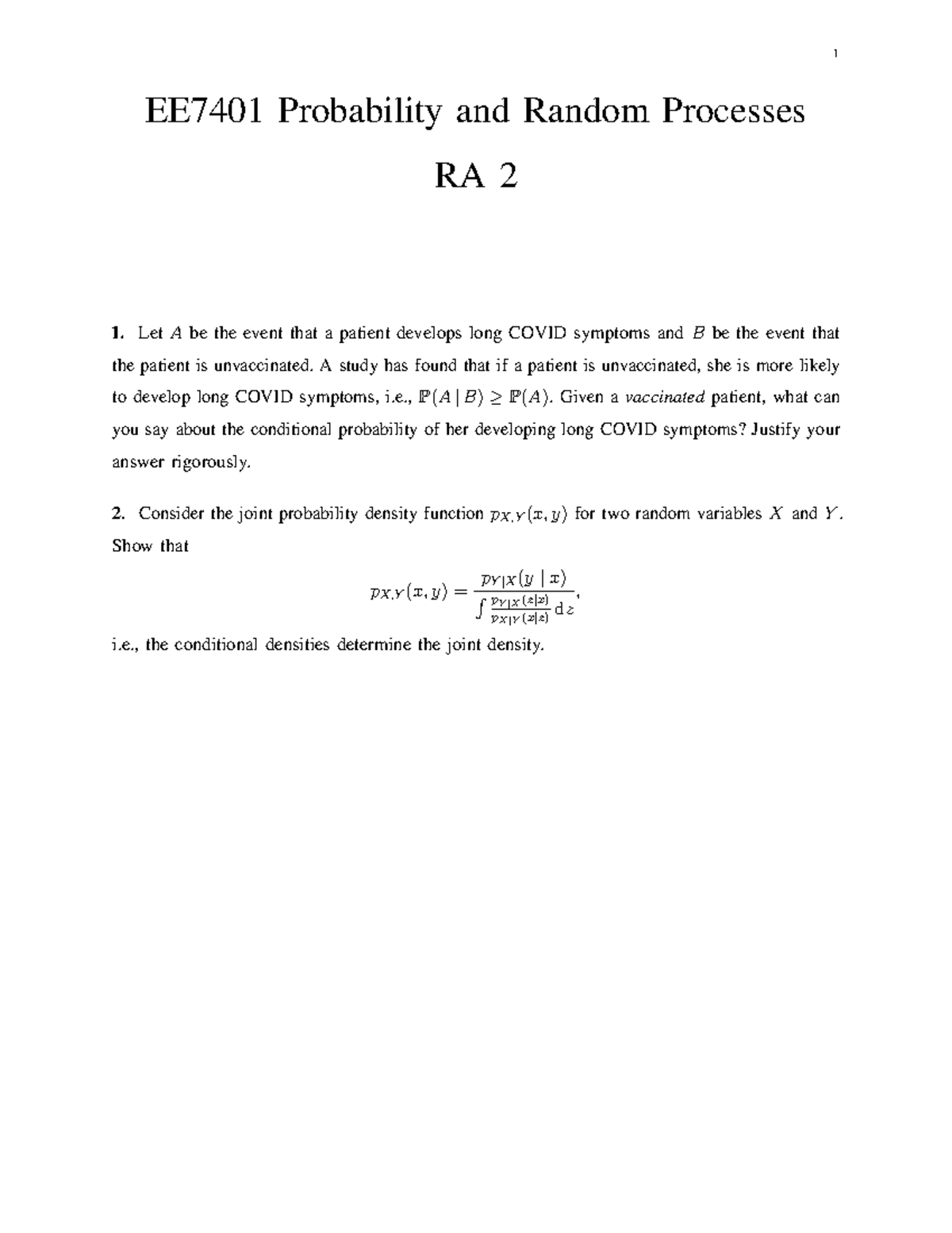 EE7401 Lecture Notes on Probability & Random Processes RA2 - Studocu