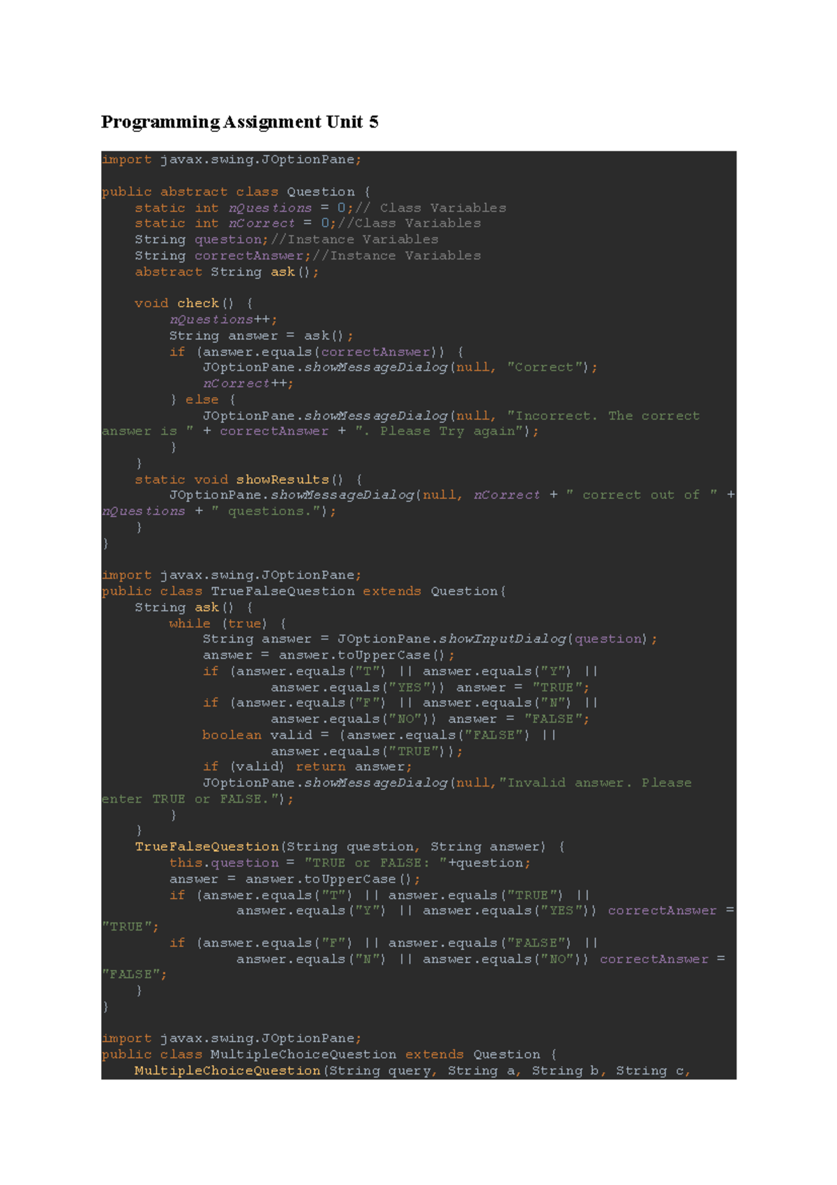 Cs1102 Programming Assignment Unit 5 Programming Assignment Unit 5 Import Javaxswing Public