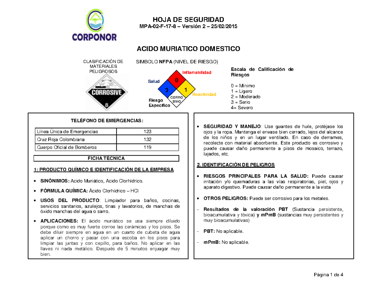 HOJA DE SEGURIDAD ACIDO MURIATICO - MSDS Versión 2 - Studocu