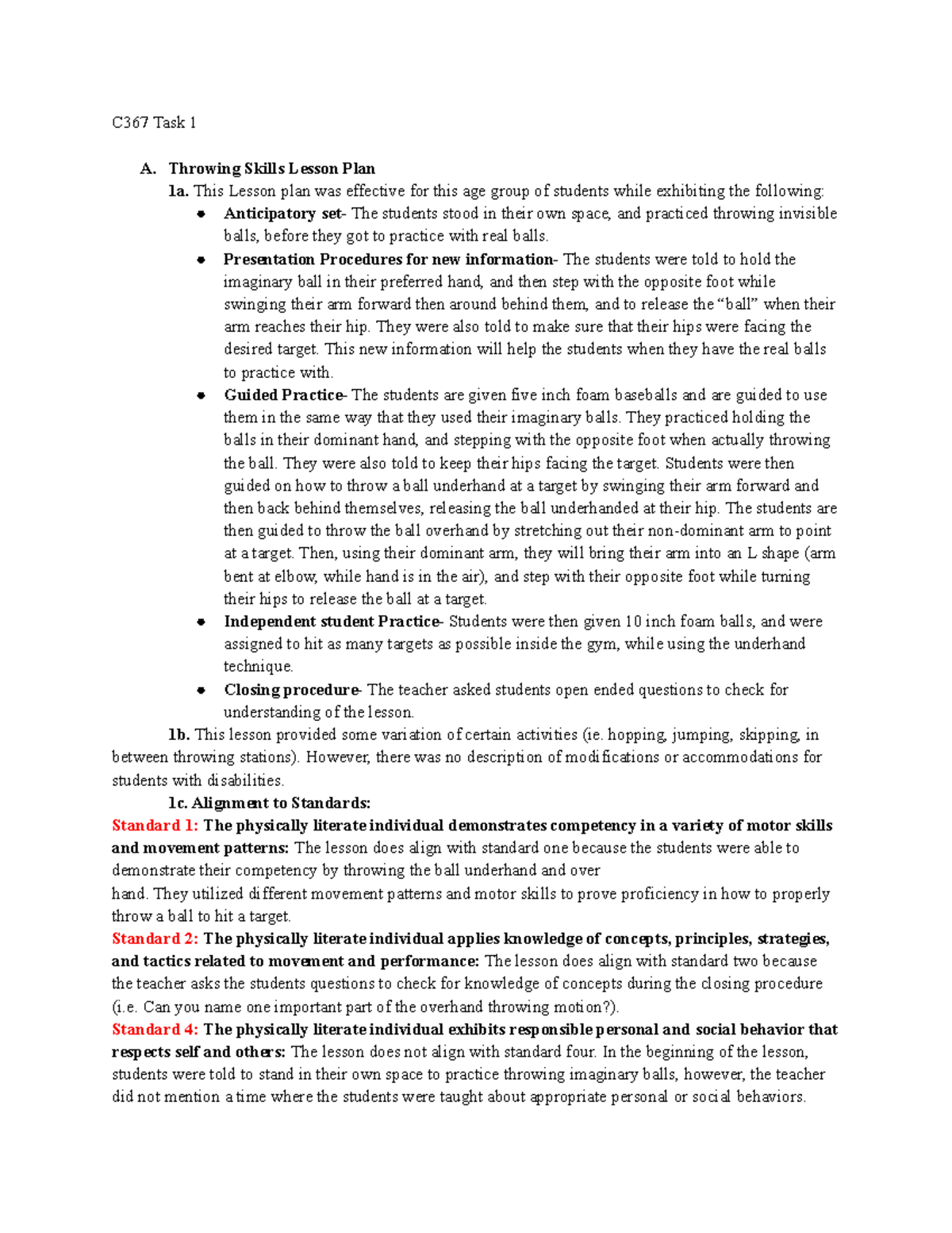 C367 Task 1 Elementary Physical Education - C367 Task 1 A. Throwing ...