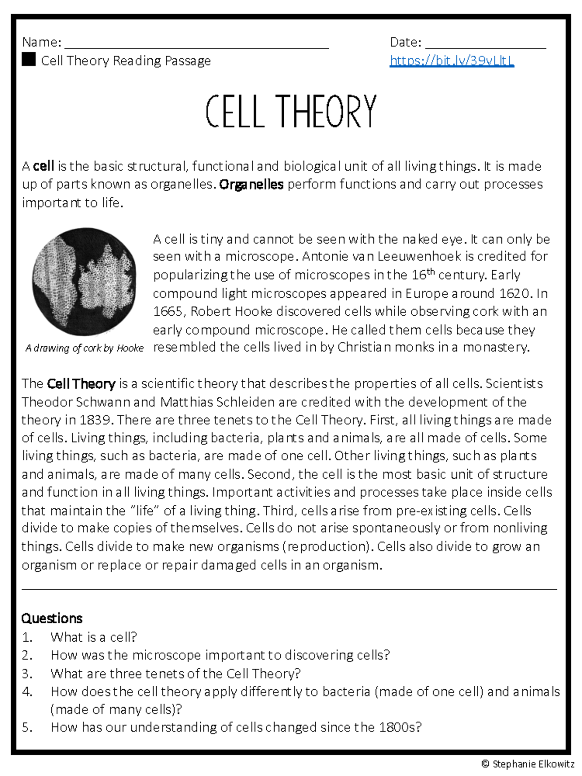 Cell Theory Reading Passage - Name ...