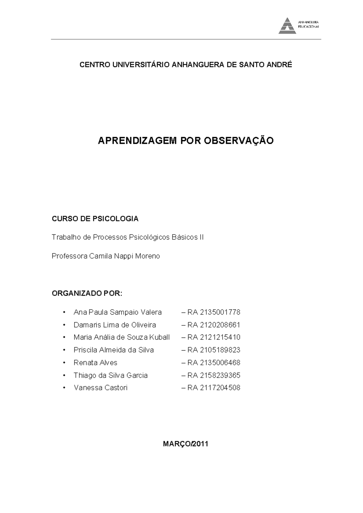 Trabalho sobre Aprendizagem por Observação - - Studocu