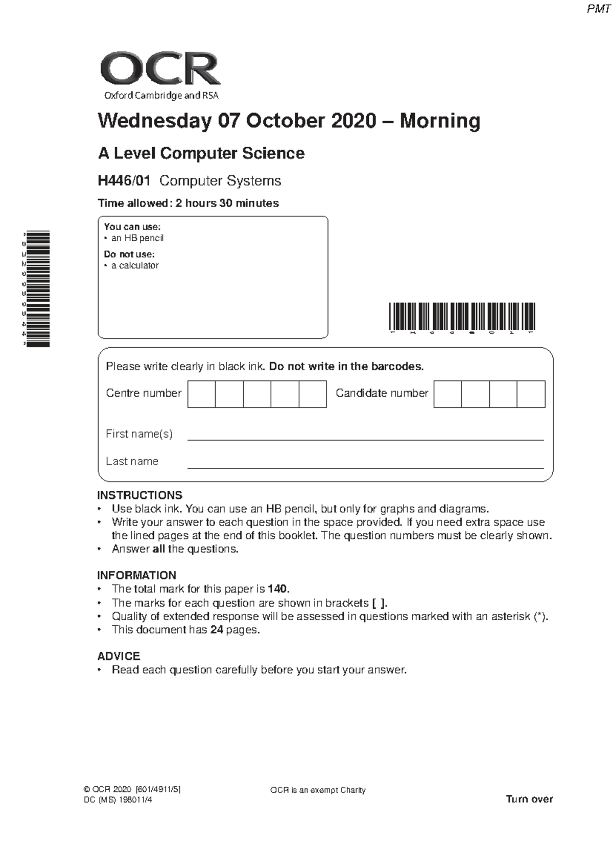 November 2020 A Level Computer Science Paper 1 - OCR Exam Questions ...