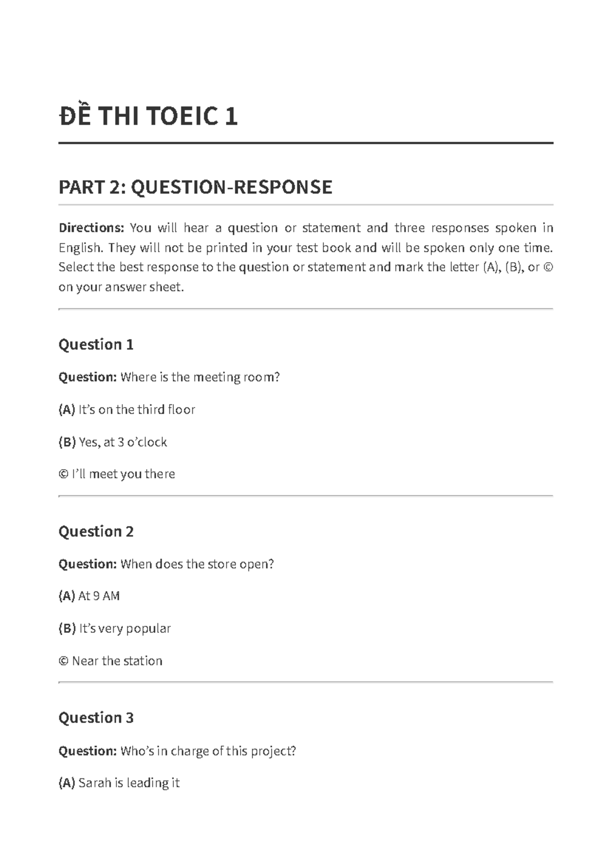 ĐỀ THI TOEIC 1 PART 2: Practice Questions & Answers - Studocu
