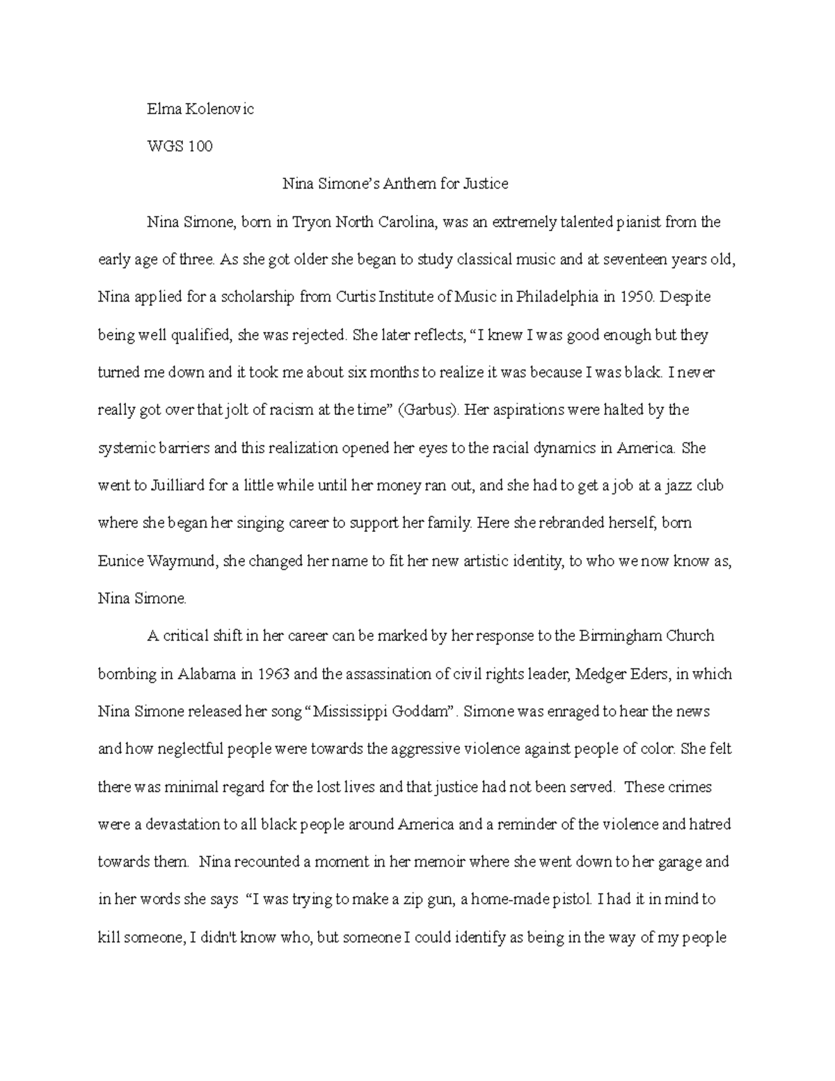 Nina Simone: A Musical Activist's Journey in WGS 100 Essay - Studocu