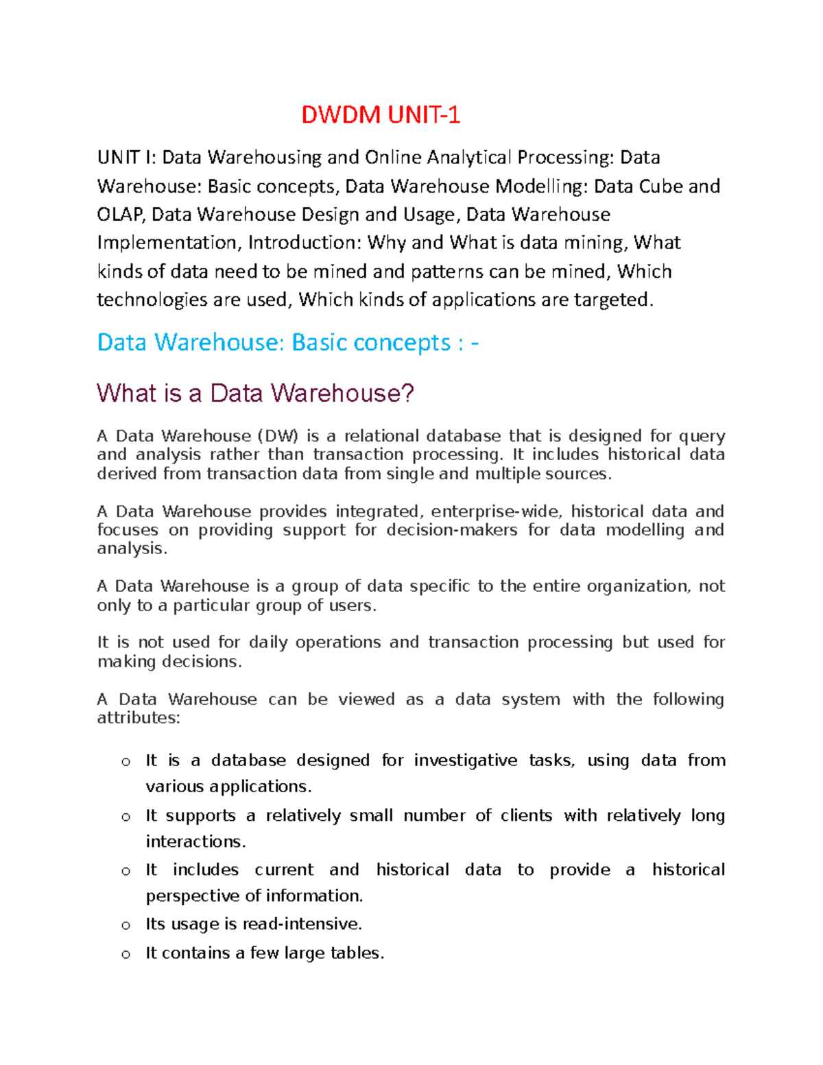 DWDM UNIT-1 - DWDM UNIT- UNIT I: Data Warehousing and Online Analytical Processing: Data ...