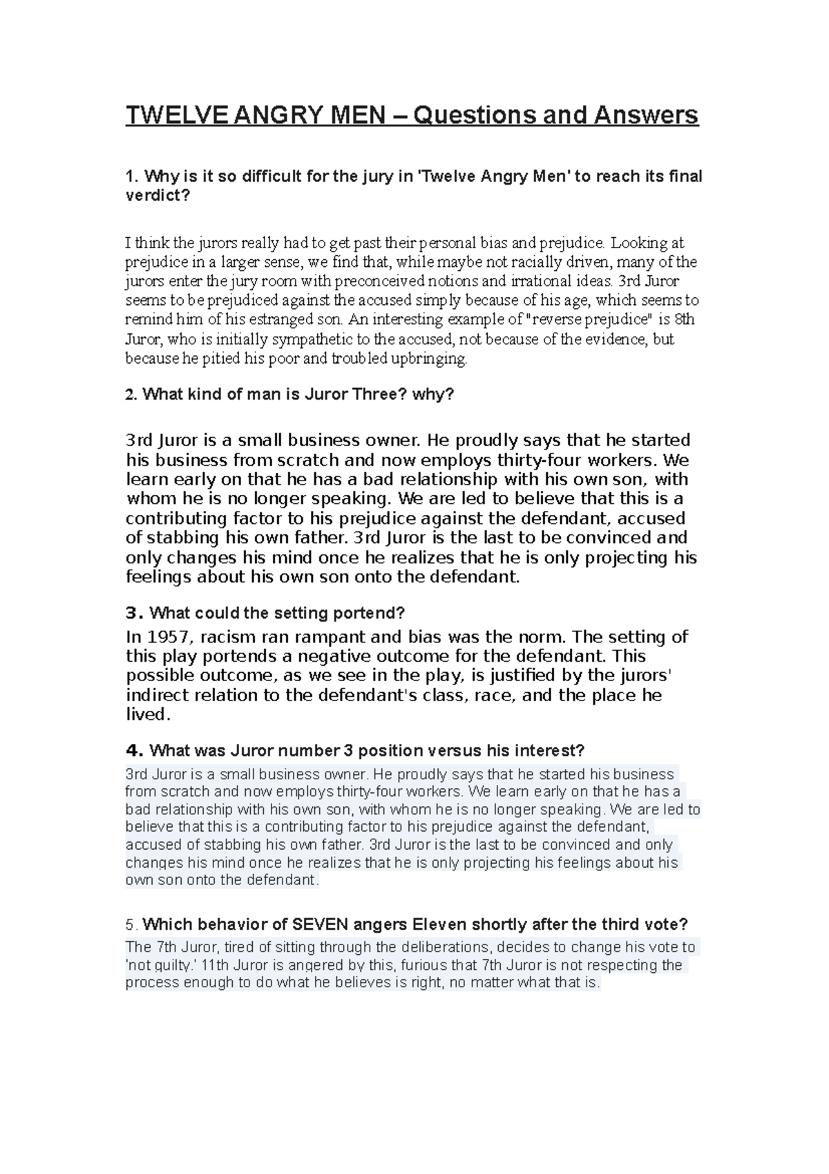 12 Angry Men: Key Q&A Insights and Analysis Guide - Studocu