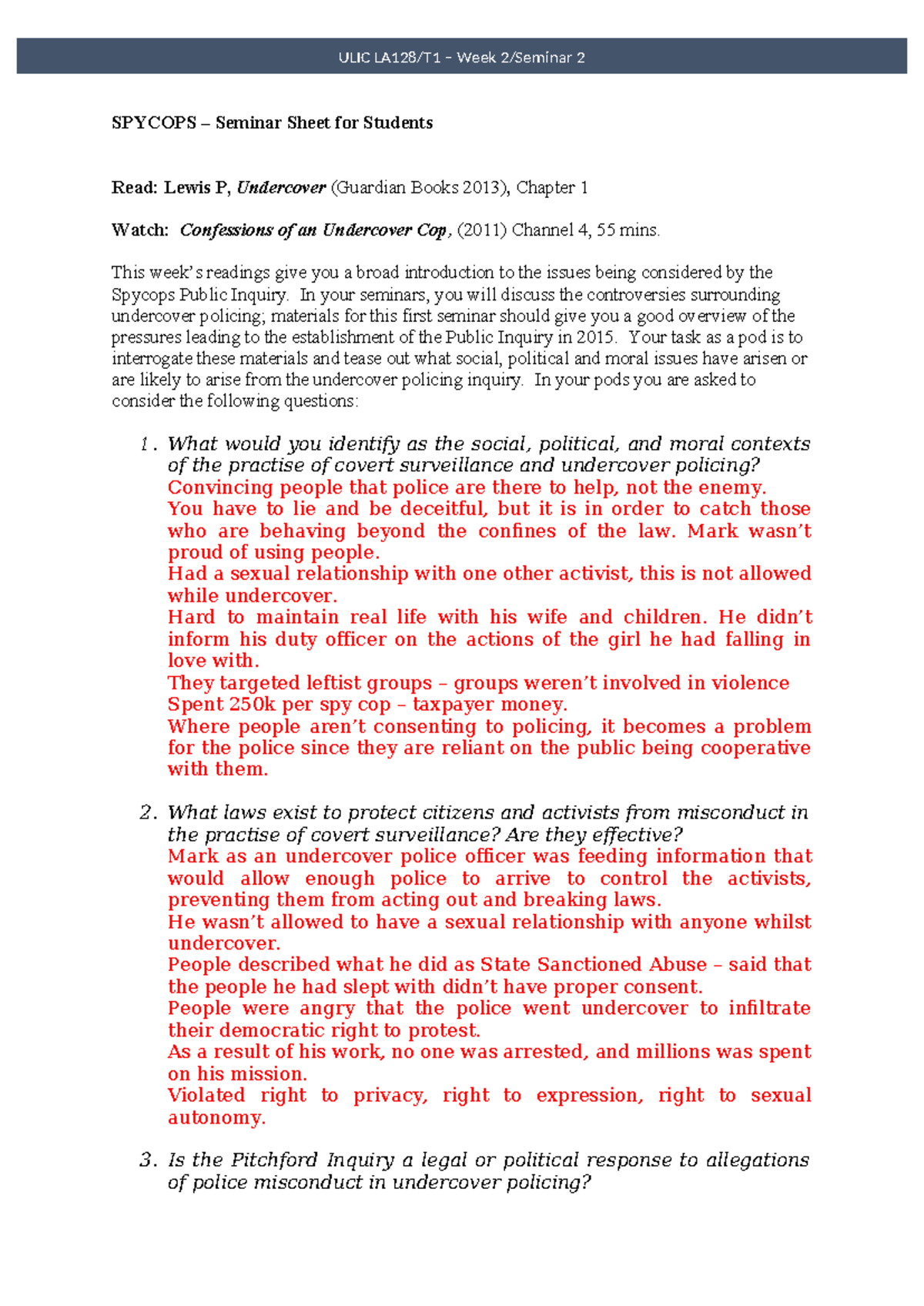 ULIC Week 2 Seminar Notes: Spycops Inquiry & Undercover Policing Issues ...