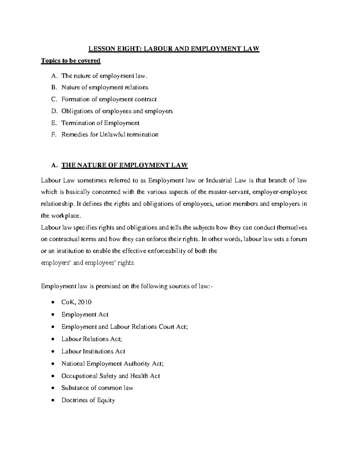 Lesson 8: Labour and Employment Law Overview - Studocu