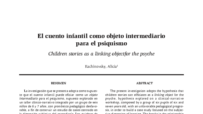 Cuento Infantil como Objeto Intermediario para el Psiquismo - Kachinovsky - Studocu