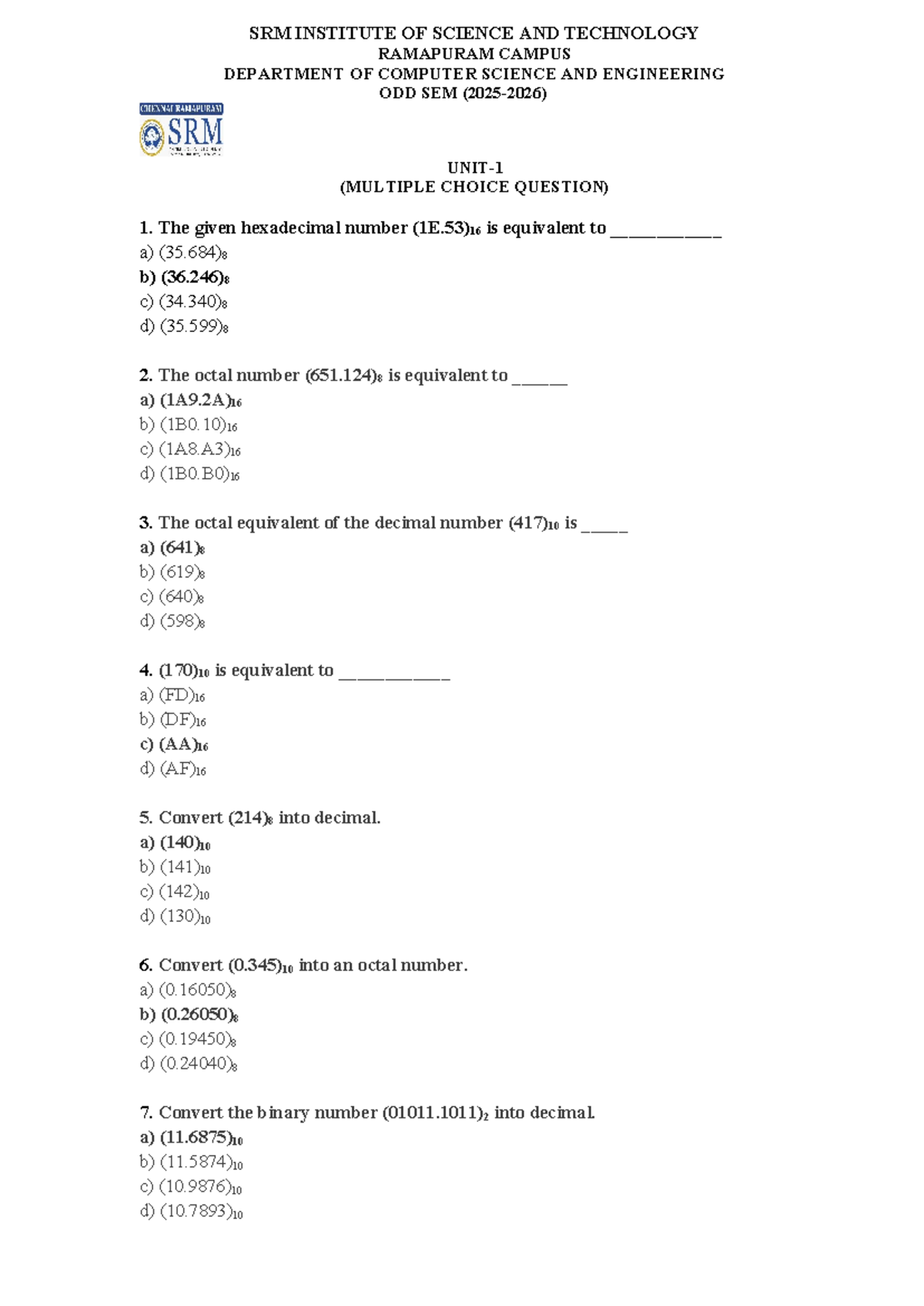 UNIT 1 QB - COA Important Questions (MCQ & Conversions) - Studocu