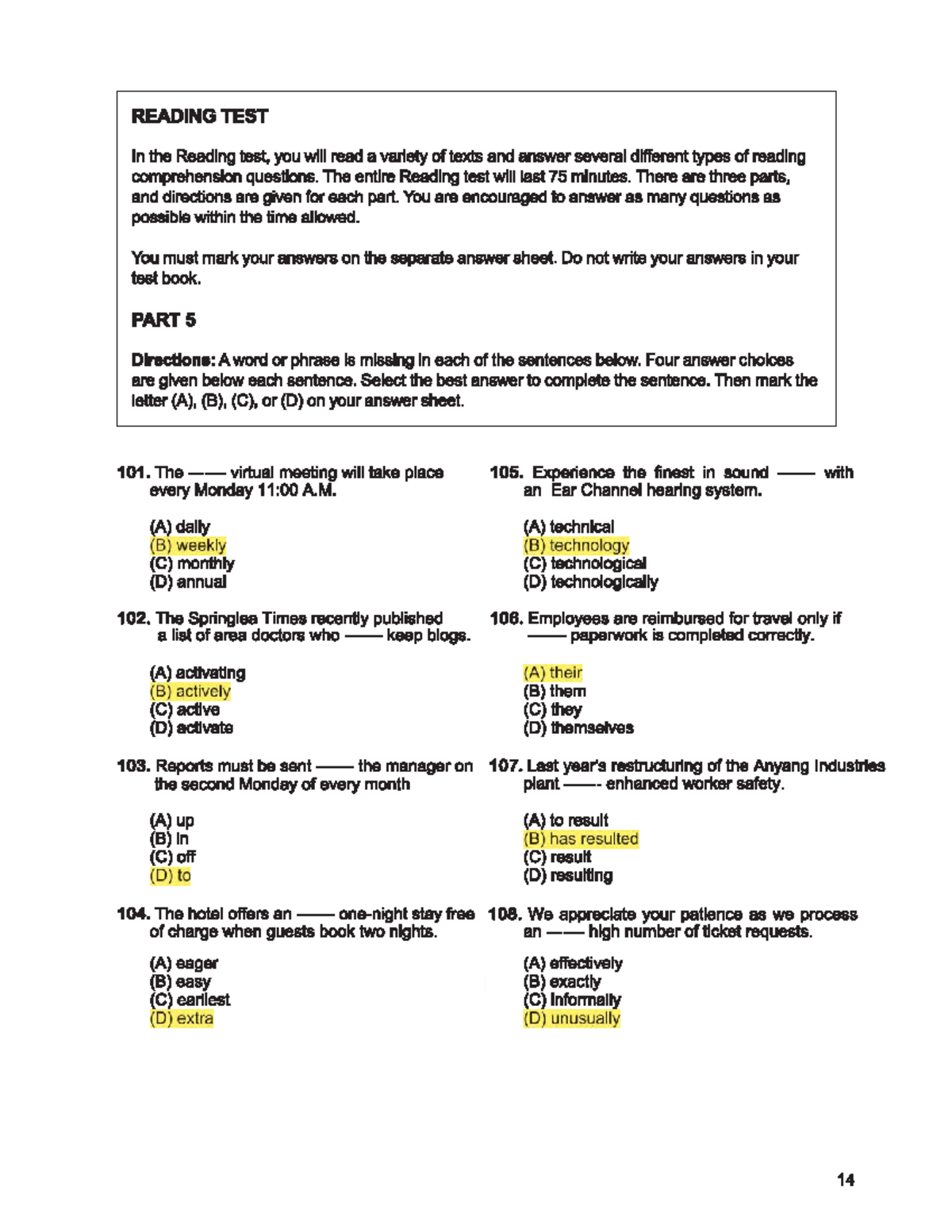 READING TEST: Comprehension Questions & Directions - Studocu