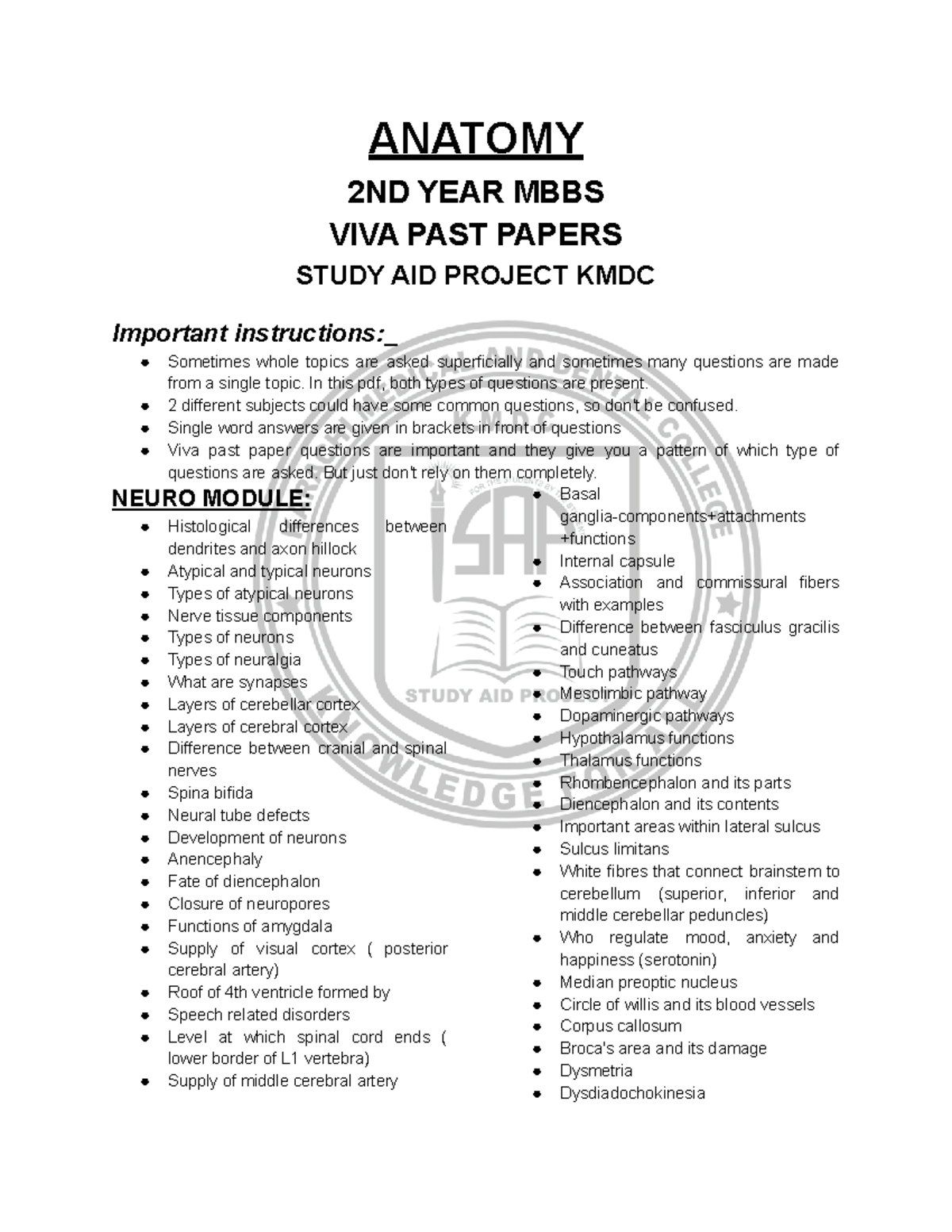 Anatomy 2nd Year MBBS VIVA Past Papers Study Aid - KMDC - Studocu