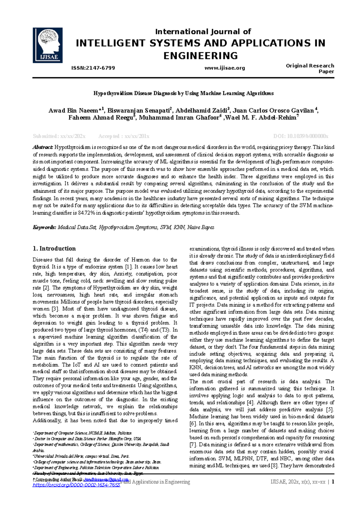 Hypothyroidism Diagnosis Using ML Algorithms: IJISAE Research Paper - Studocu