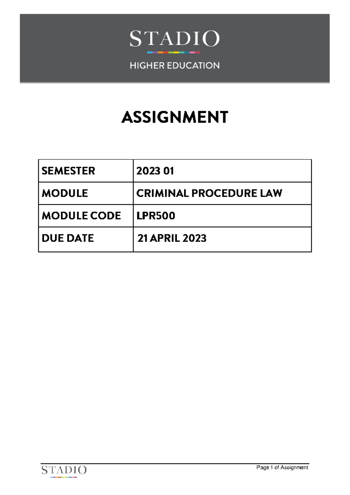 LPR500 2023 01 ASMT - ASSIGNMENT - LPR CRIMINAL PROCEDURE LAW LPR CRIMINAL PROCEDURE LAW ...