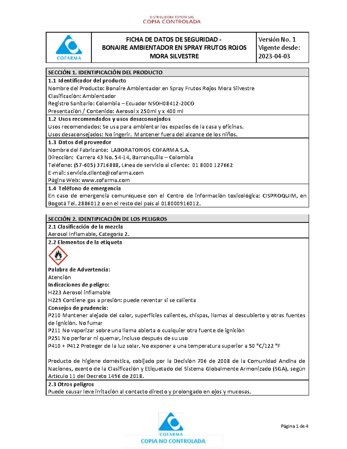 FICHA DE DATOS DE SEGURIDAD BONAIRE AMBIENTADOR EN SPRAY FRUTOS ROJOS ...