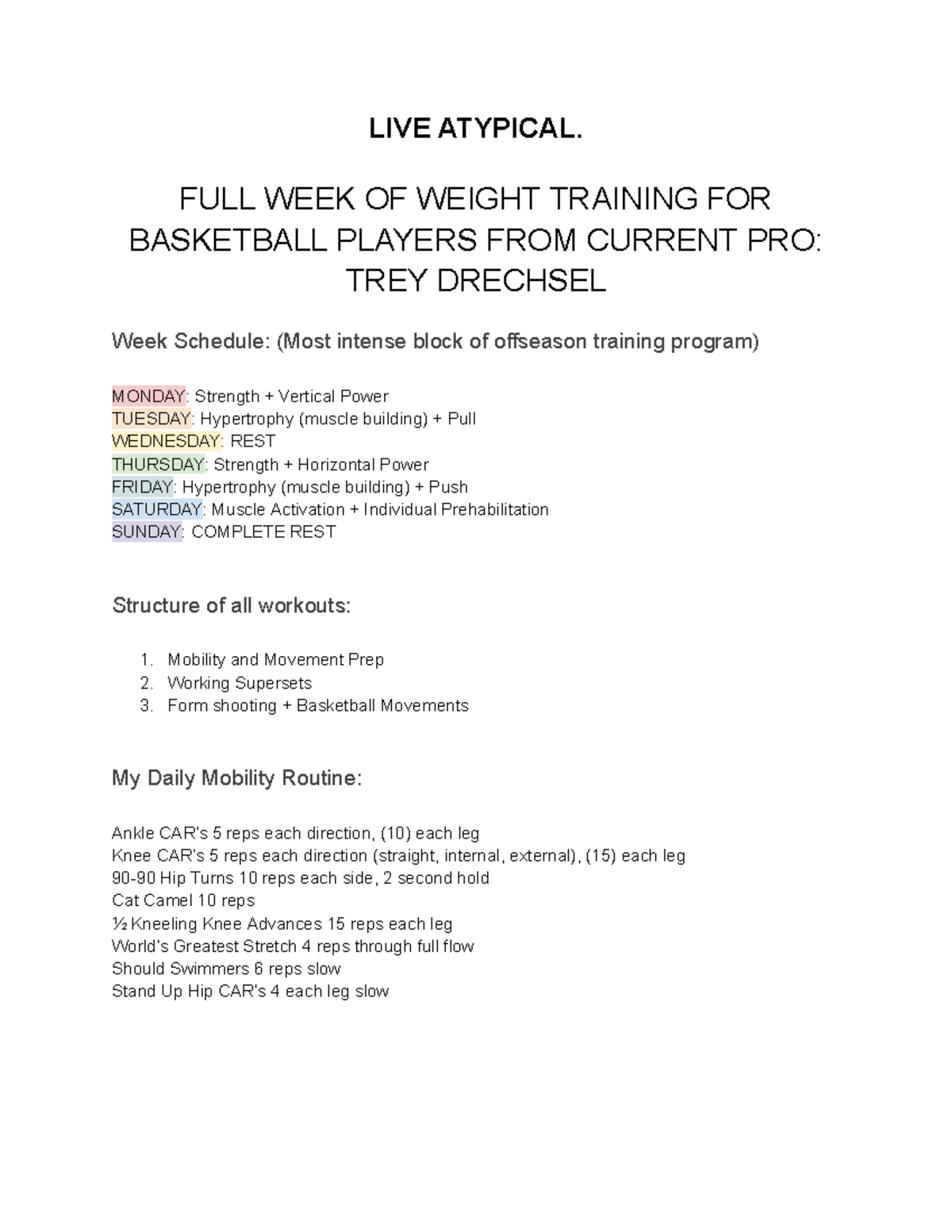 Full Week Weight Training Plan for Basketball Players (LIVE ATYPICAL ...