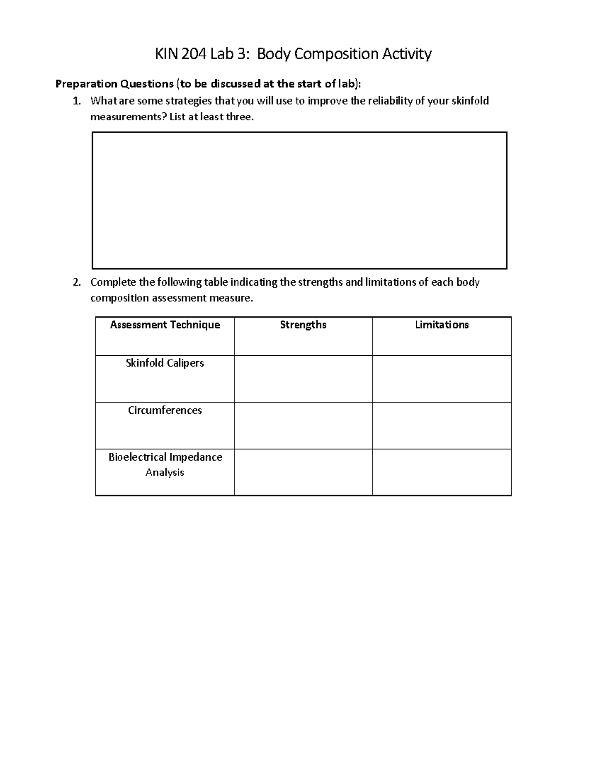 KIN 204L lab 3 pre lab - pre lab template - KIN 204 Lab 3 : Body ...