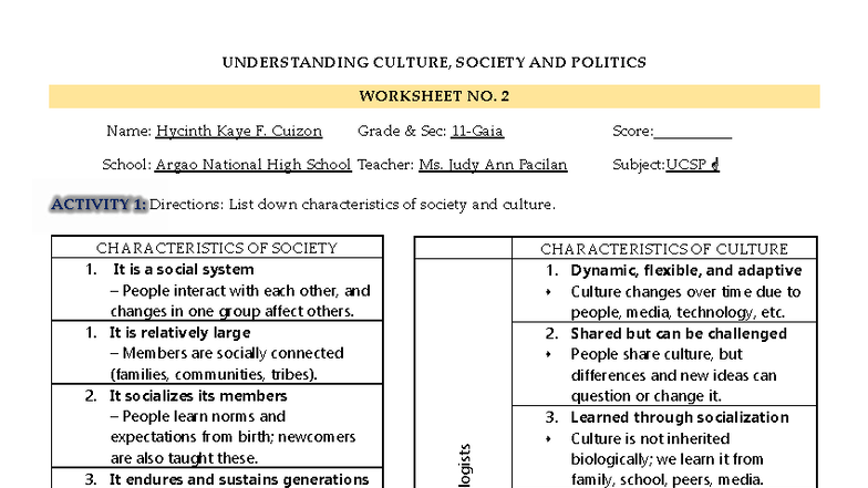 UCSP Worksheet No. 2: Characteristics of Society and Culture - Studocu