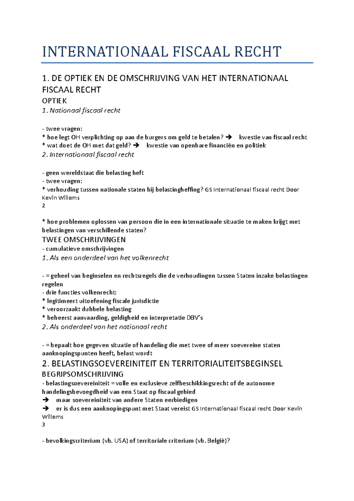 Samenvatting van het Internationaal Fiscaal Recht (IFR) - Belangrijke ...