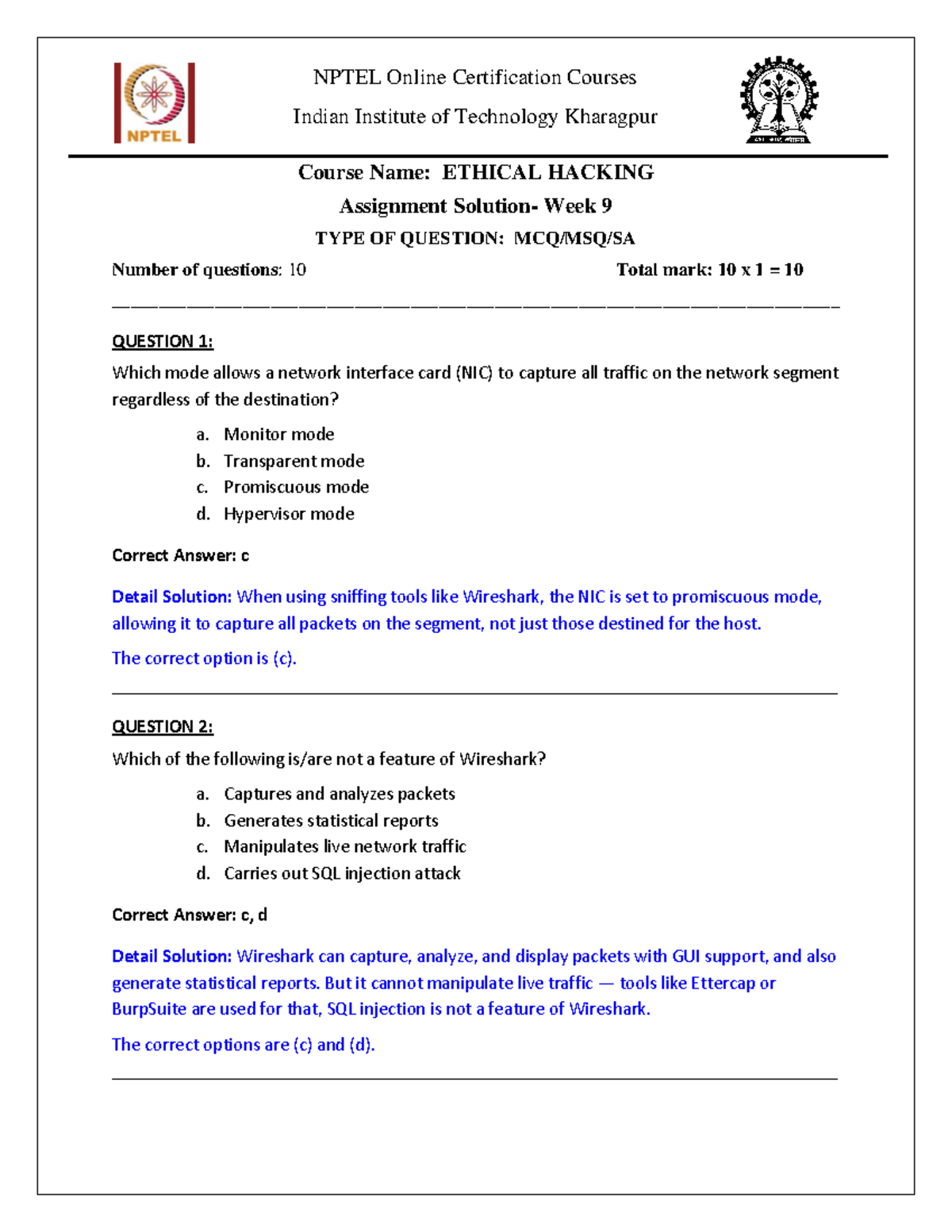 NPTEL ETHICAL HACKING Assignment 9 Solutions and Explanations - Studocu