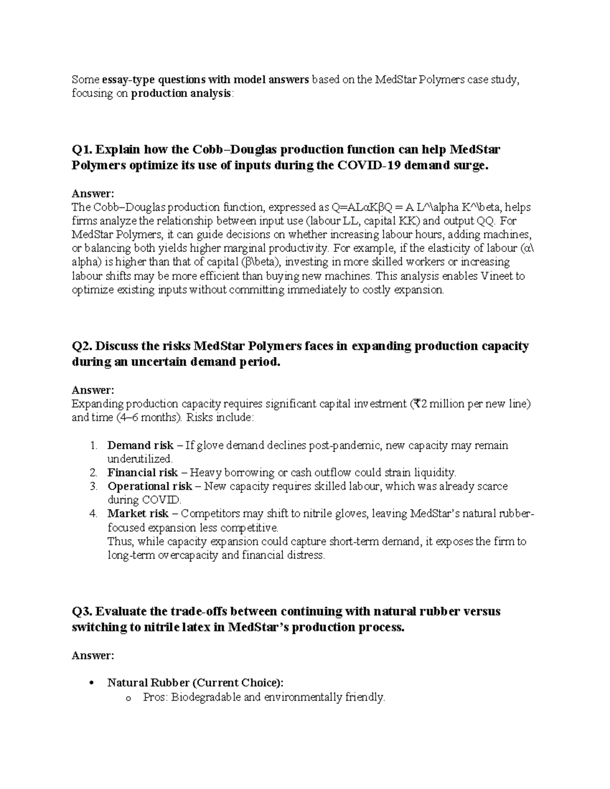 Case A: Sample Questions & Answers on MedStar Polymers Production ...