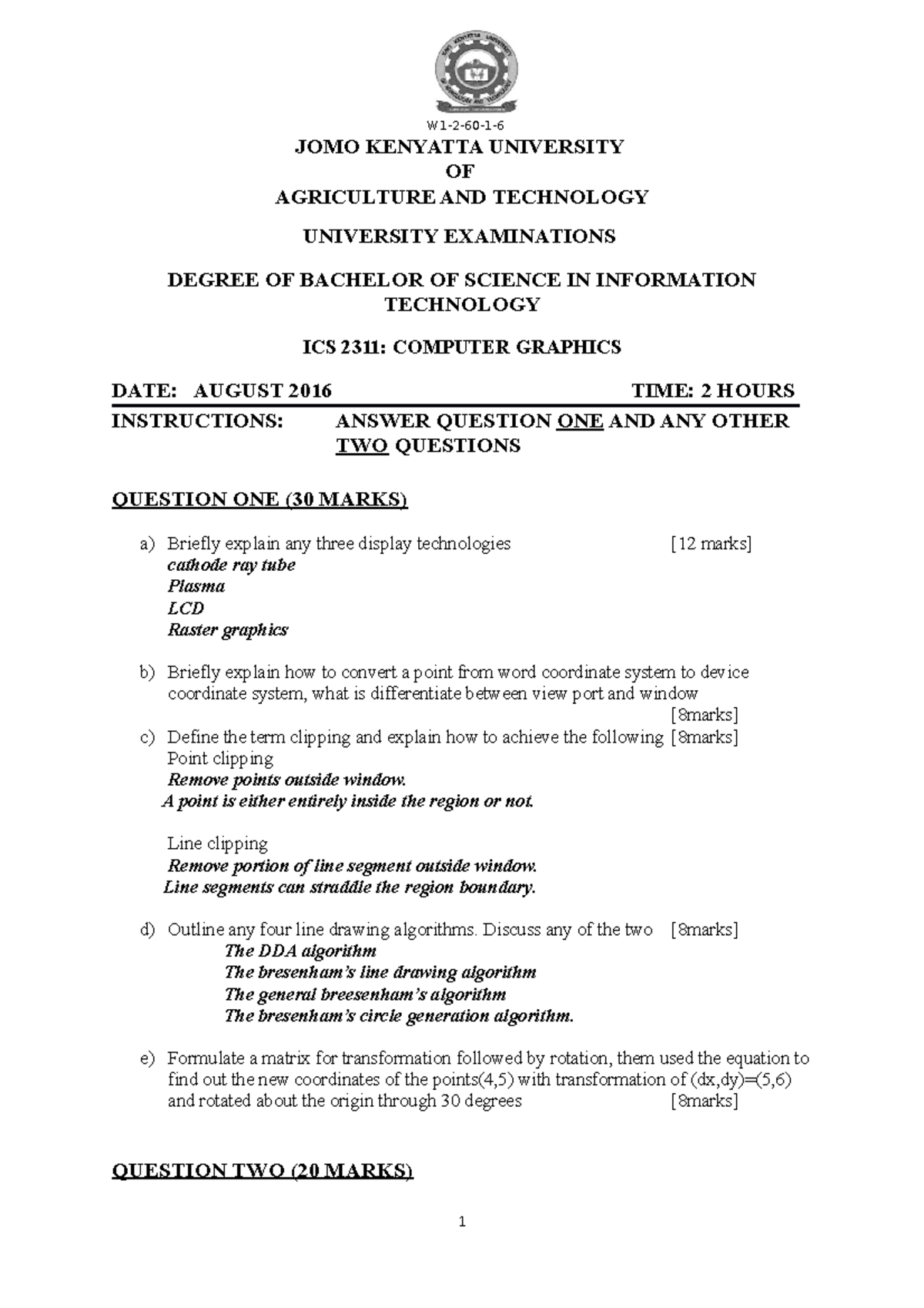 ICS 2311 Computer Graphics Final Exam August 2016 Study Guide - Studocu