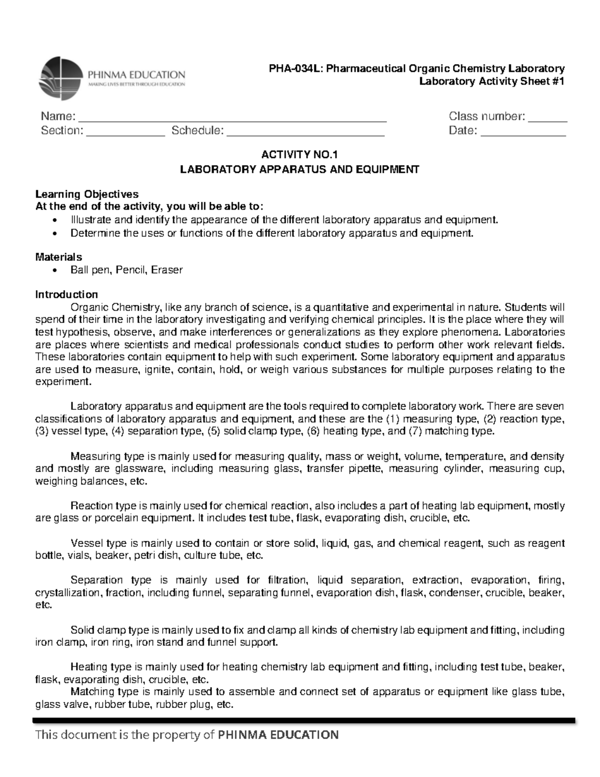LAS1 PHA034L - Laboratory Apparatus & Equipment Activity Sheet - Studocu
