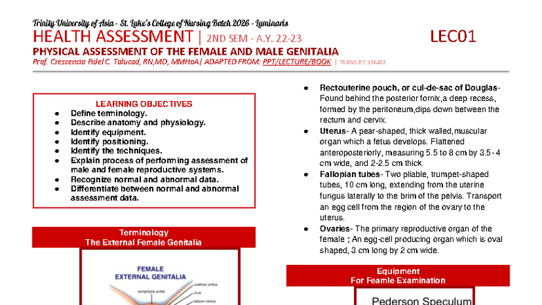 1NU02 H.A. Physical Assessment of Male and Female Genitalia - Studocu