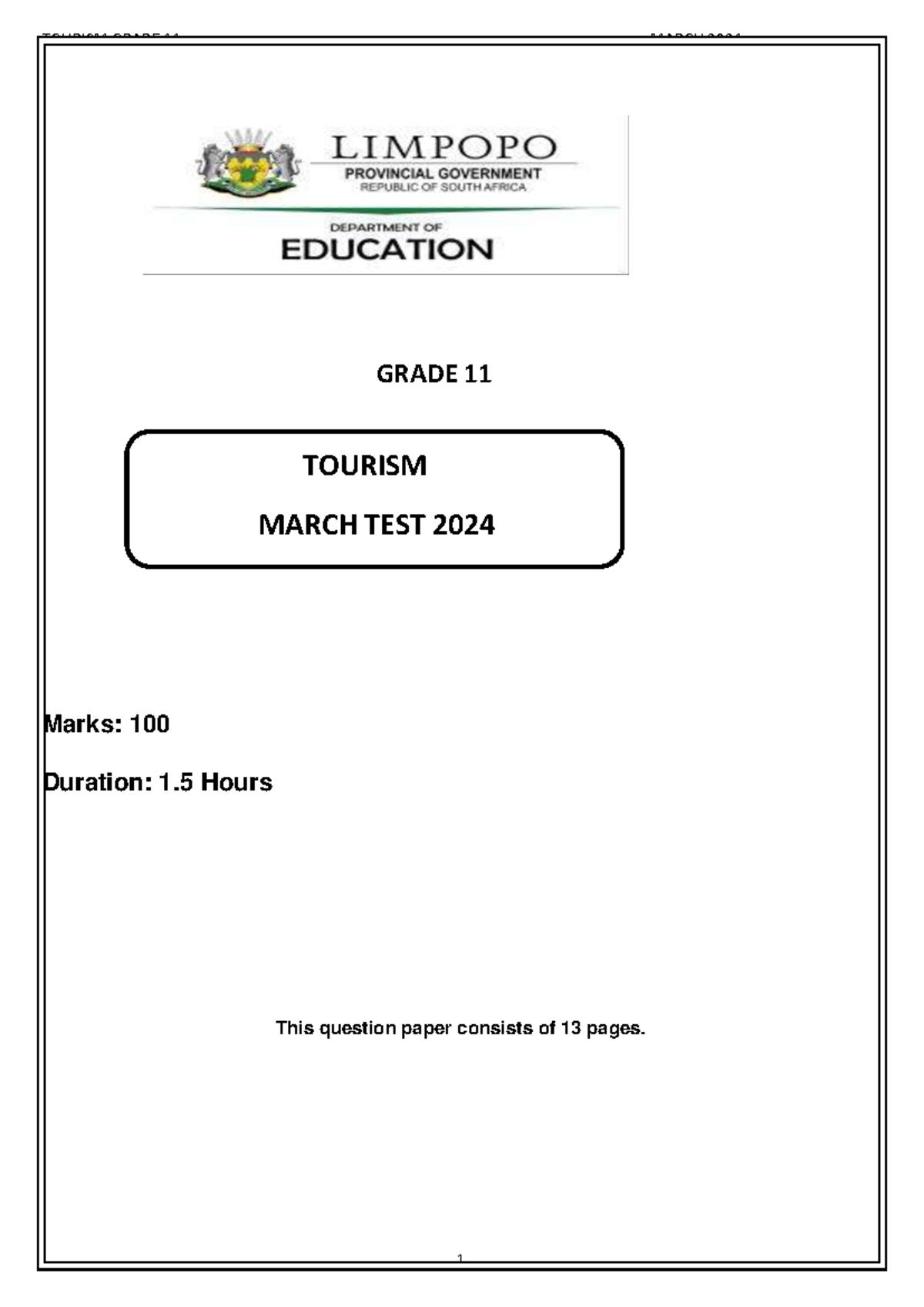 Tourism grade 11 March 2024 test paper with questions and answers - Studocu