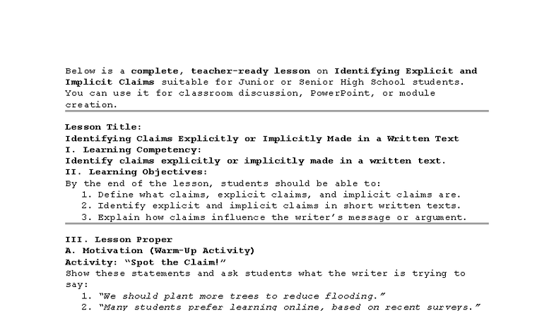 ENGLISH 101: Lesson on Identifying Explicit & Implicit Claims - Studocu
