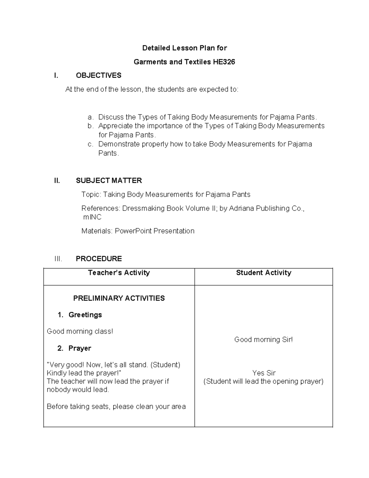 Final Lesson Plan on Taking Body Measurements for Pajama Pants - HE ...