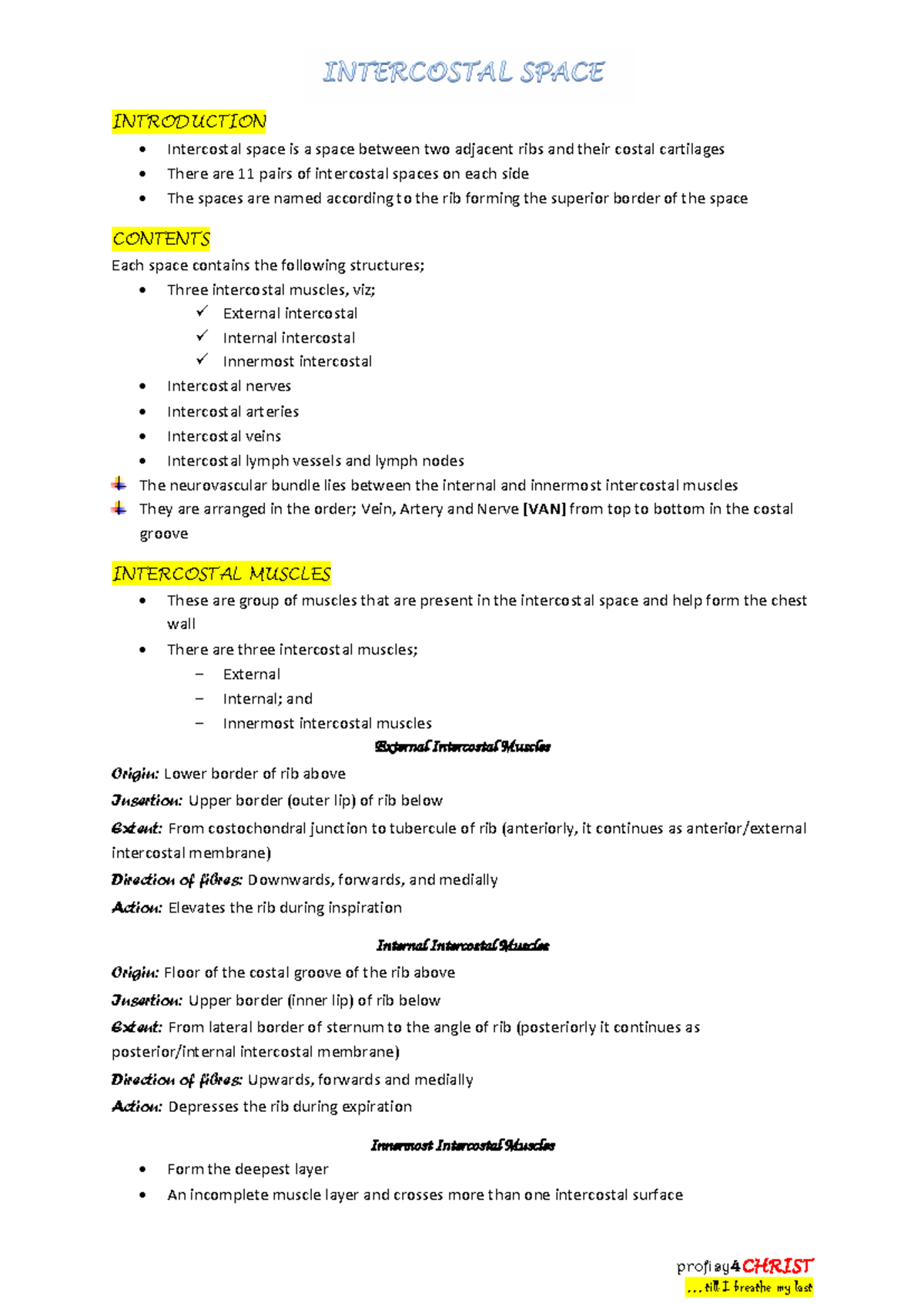 ANA Intercostal Space: Anatomy and Neurovascular Supply Overview - Studocu