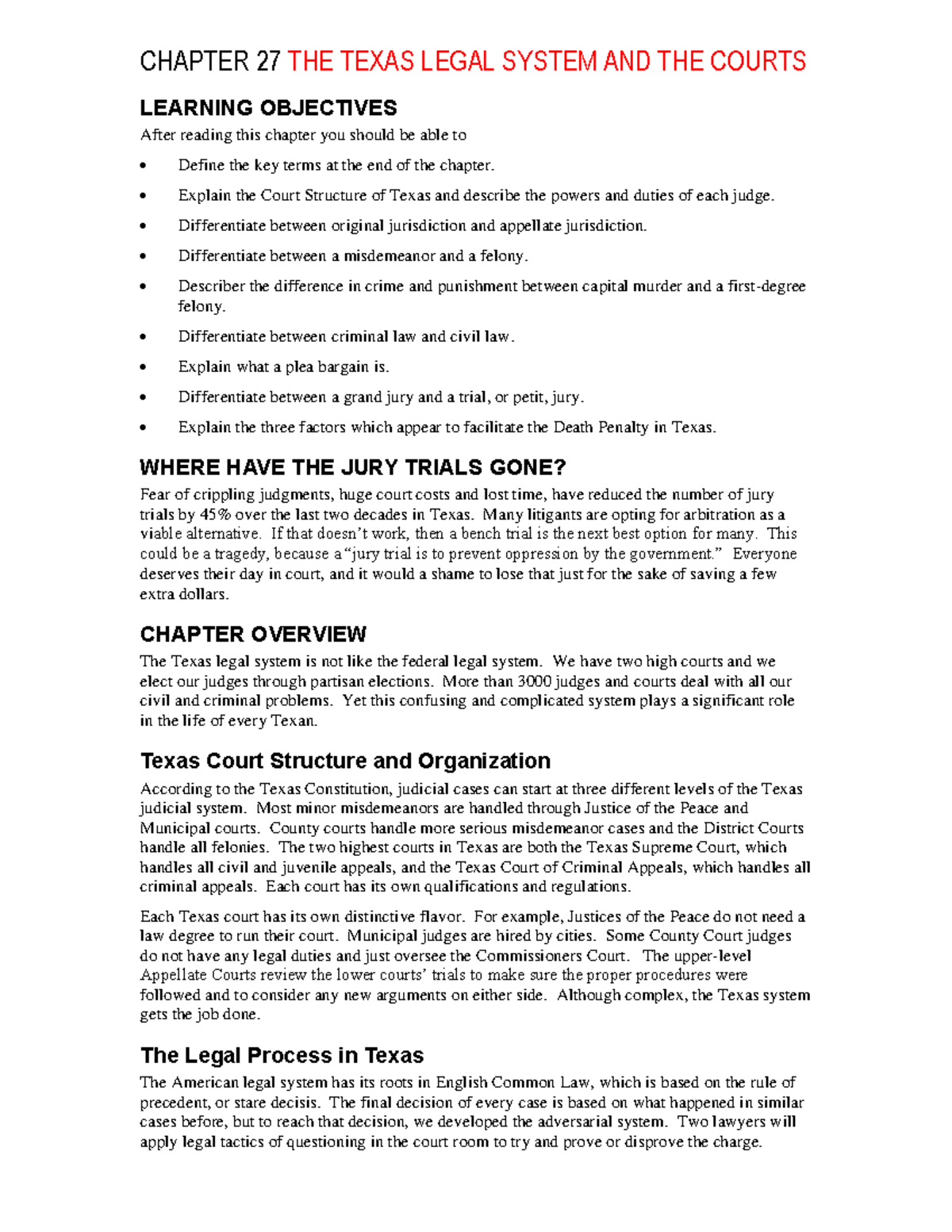 Ch27 The Texas Legal System and the Courts Exam - CHAPTER 27 THE TEXAS ...