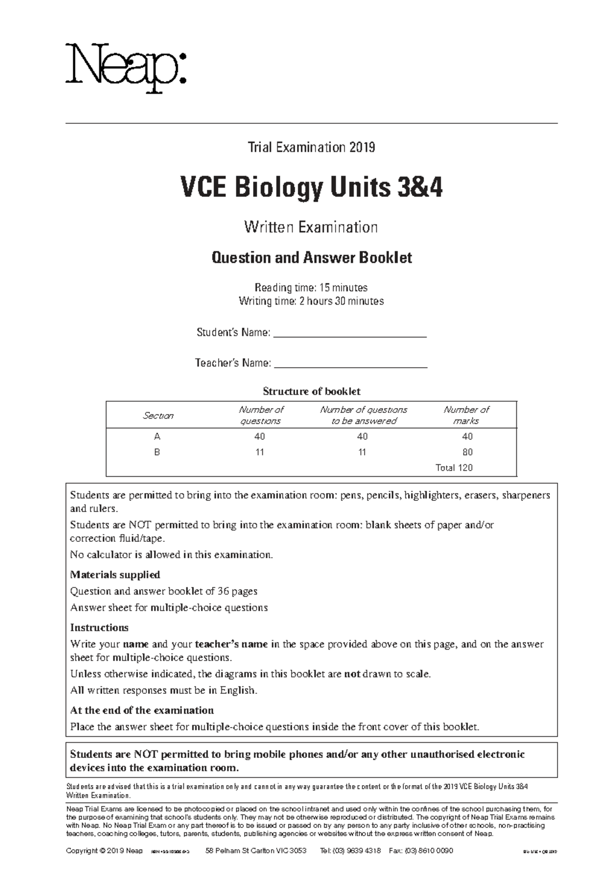 2019 VCE Biology Units Trial Examination Question & Answer Booklet ...