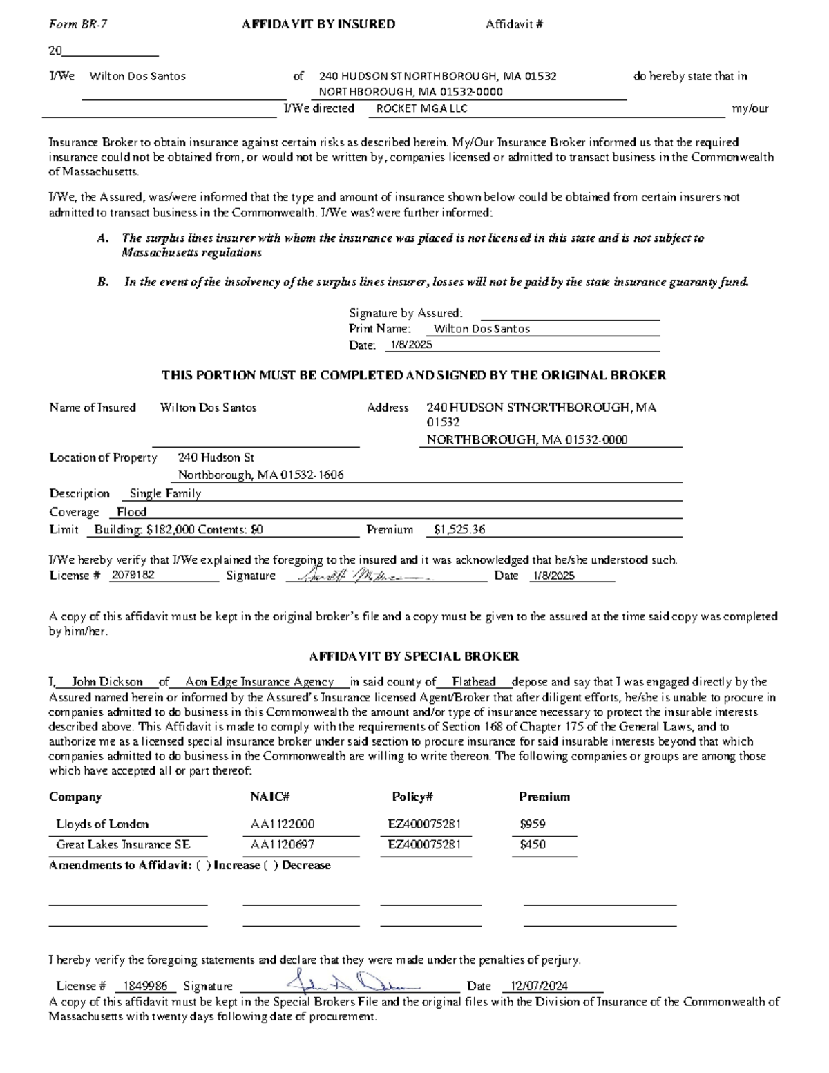 Massachusetts Affidavit BR-7 by Wilton Dos Santos for Insurance ...