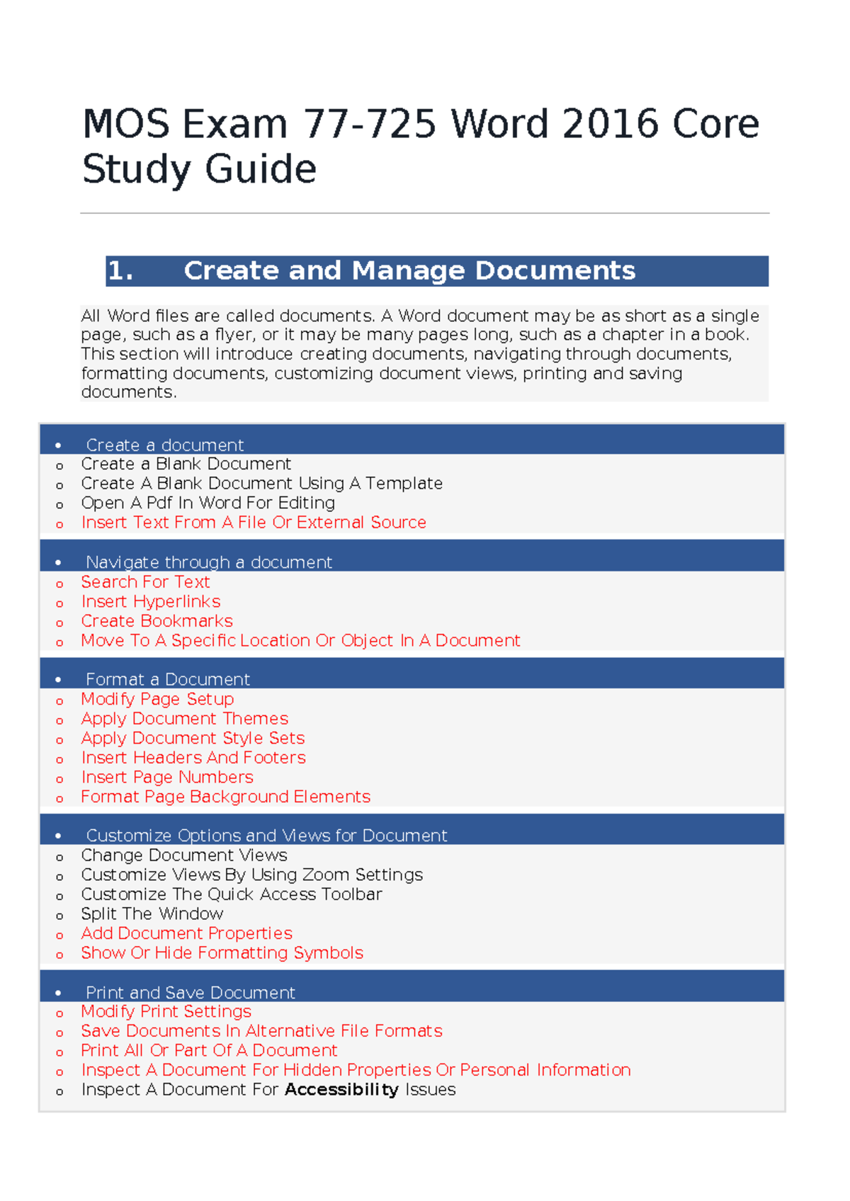 MOS Exam Word 2016 Core Study Guide: Document Creation & Management ...