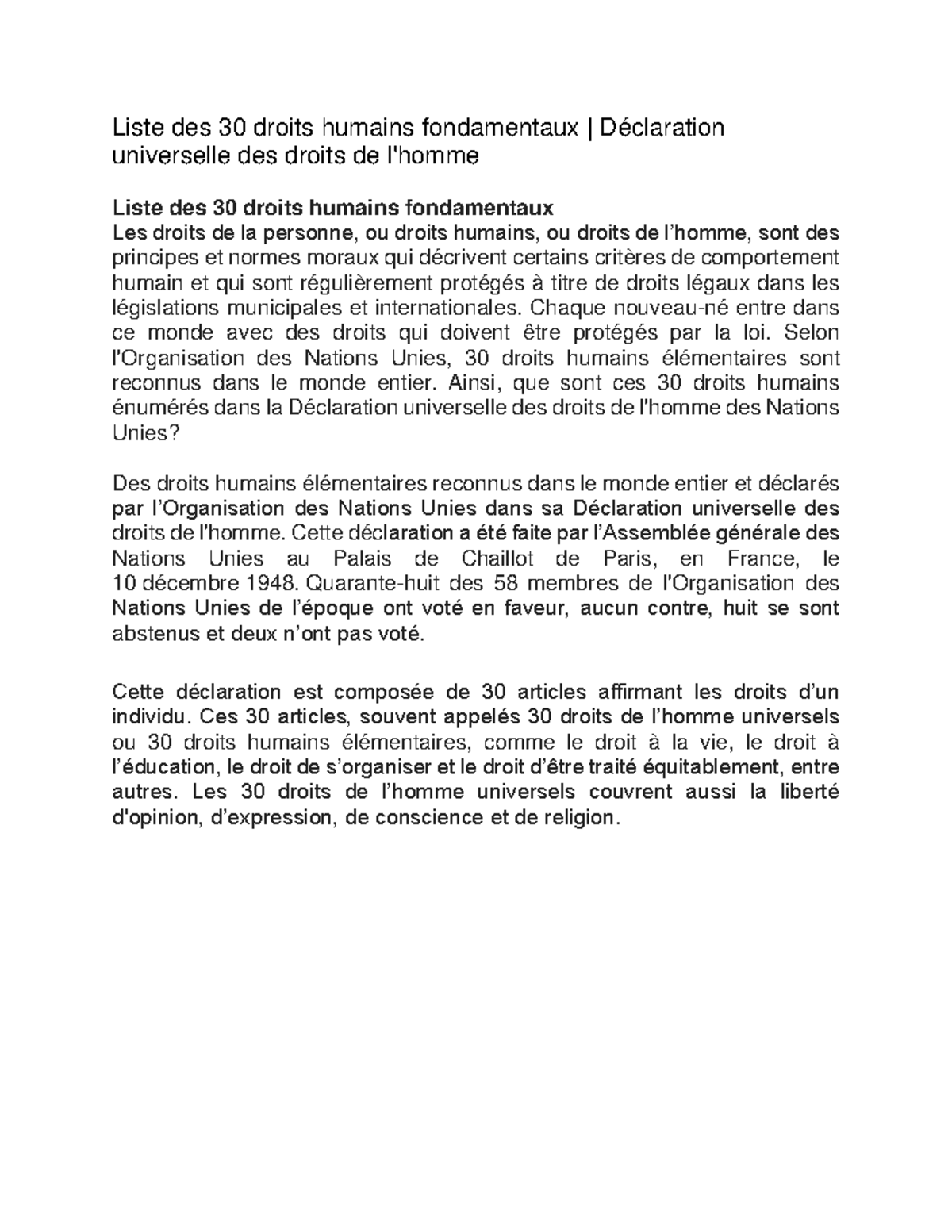 Liste des 30 Droits Humains Fondamentaux selon l'ONU - Studocu