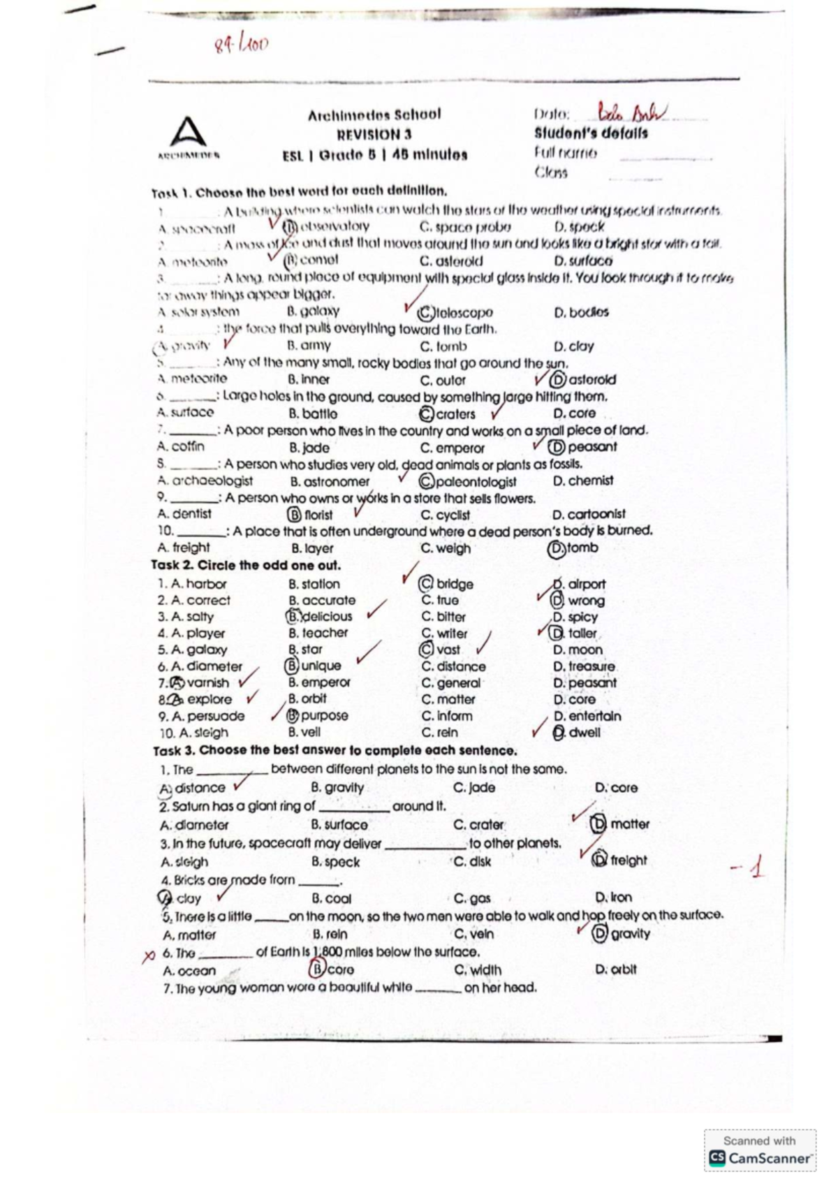 ESL Grade B: Archimotos School Vocabulary Revision and Exercises - Studocu