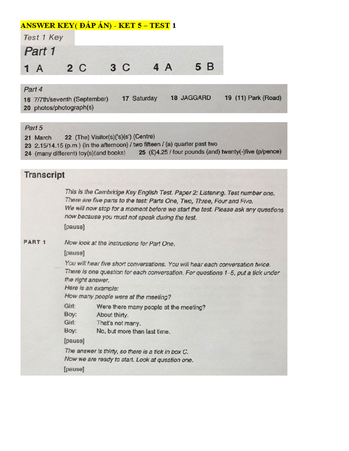 ANSWER KEY for KET 5 Tests 1-4 & Trainer Tests 2-3 - Studocu