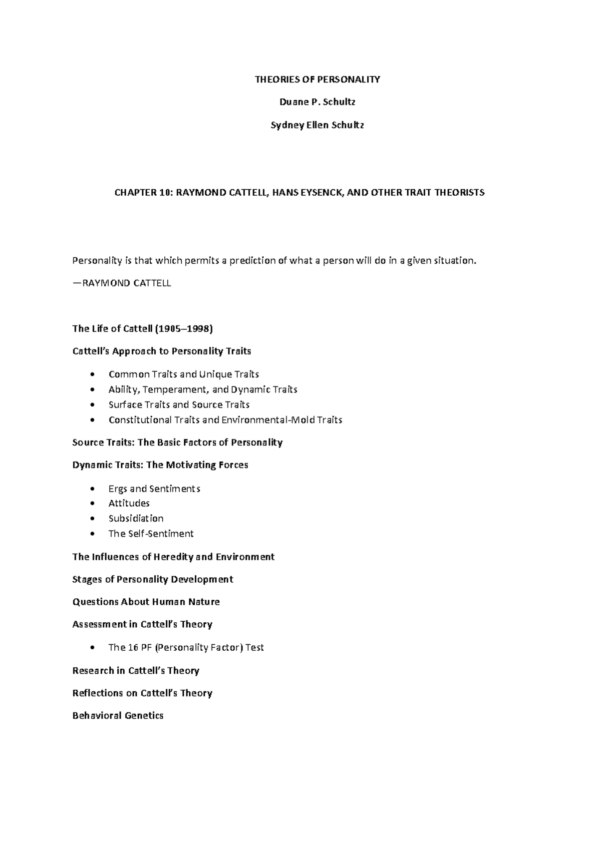 Theories of Personality Chapter 10: Insights on Raymond Cattell - Studocu