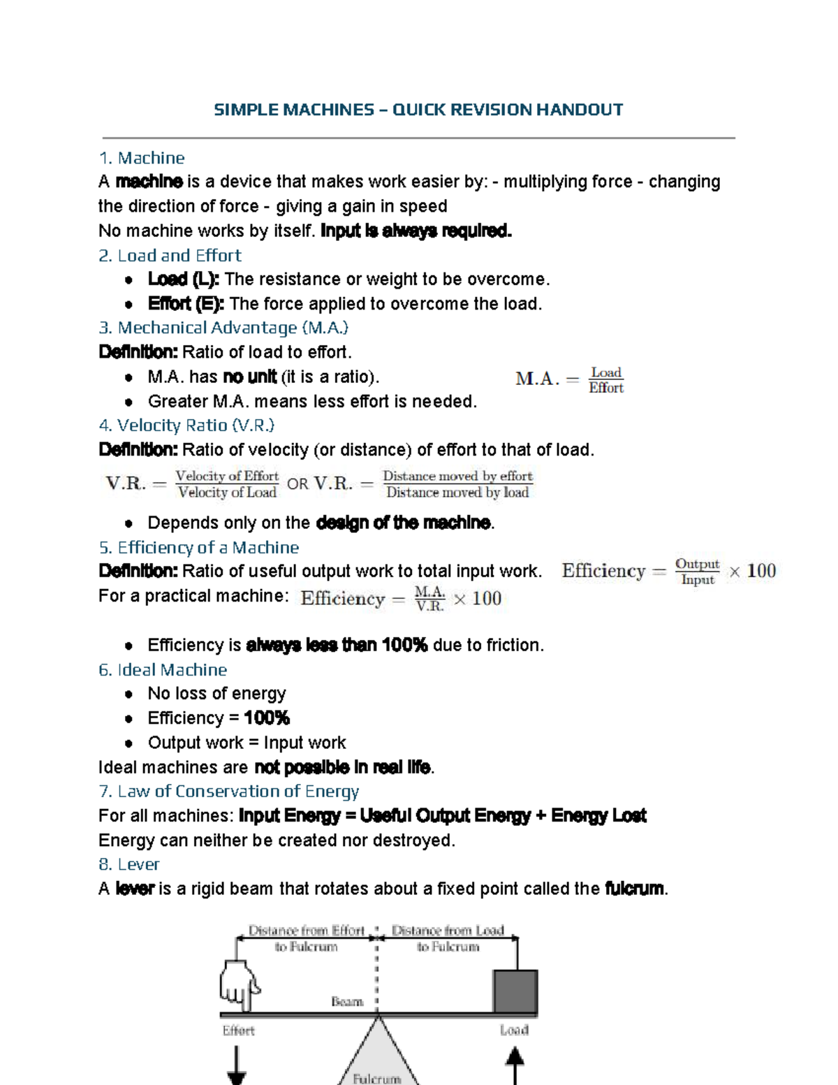 SIMPLE MACHINES REVISION HANDOUT: KEY CONCEPTS & DEFINITIONS - Studocu