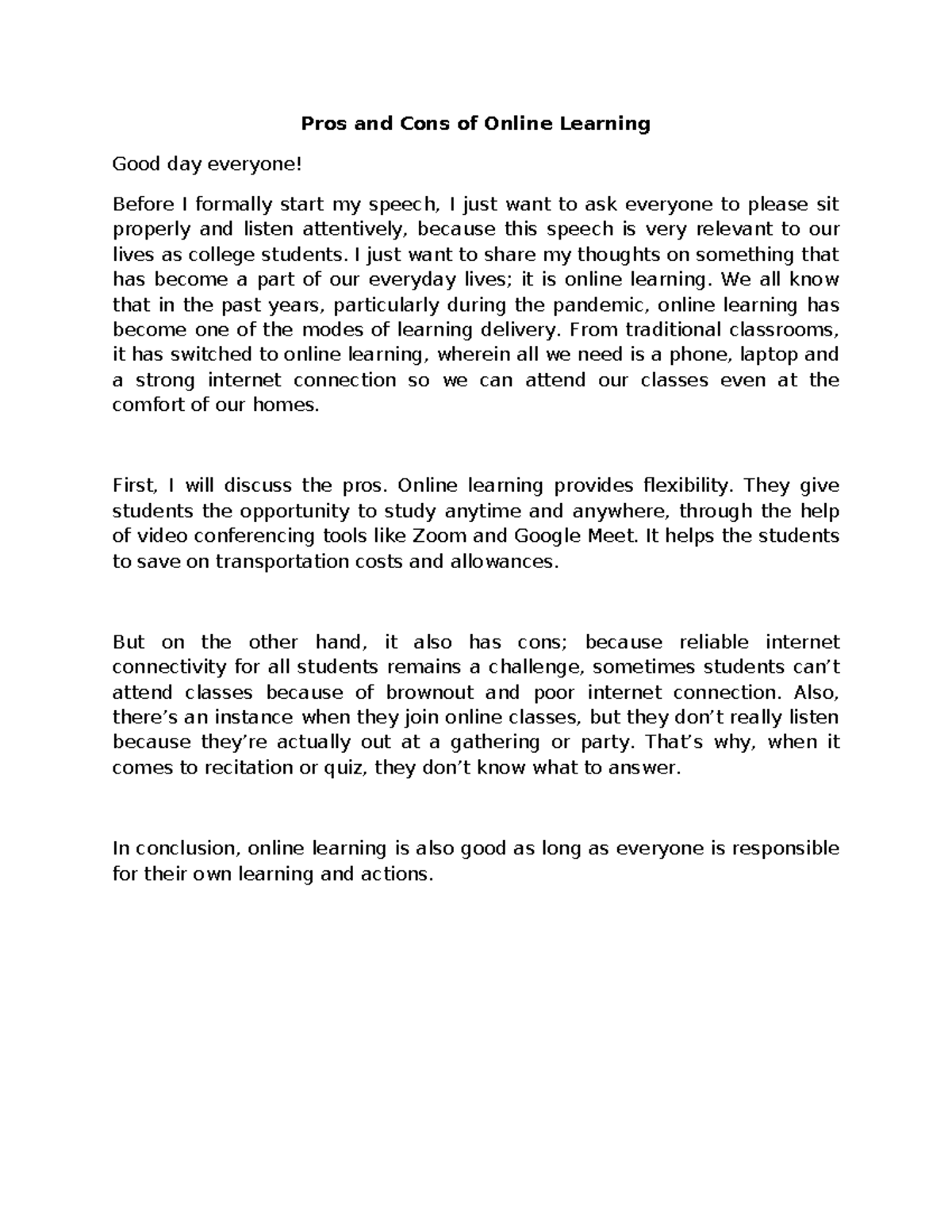 Pros and Cons of Online Learning: A Speech on E-Learning - Studocu
