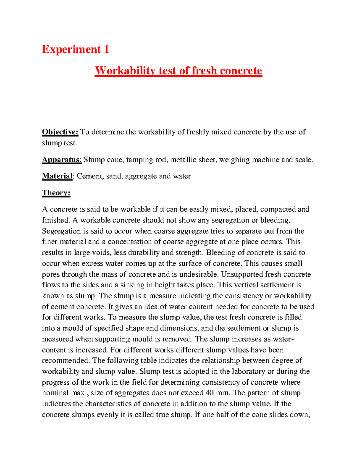 Experiment 1 - Workability Test of Fresh Concrete (Concrete Practical ...