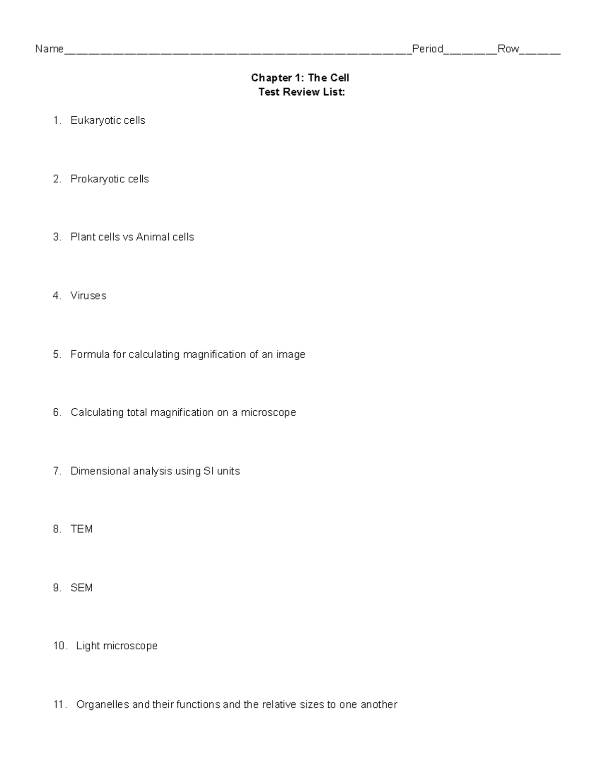Cell Biology Unit 1: Comprehensive Test Review on Cells - Studocu