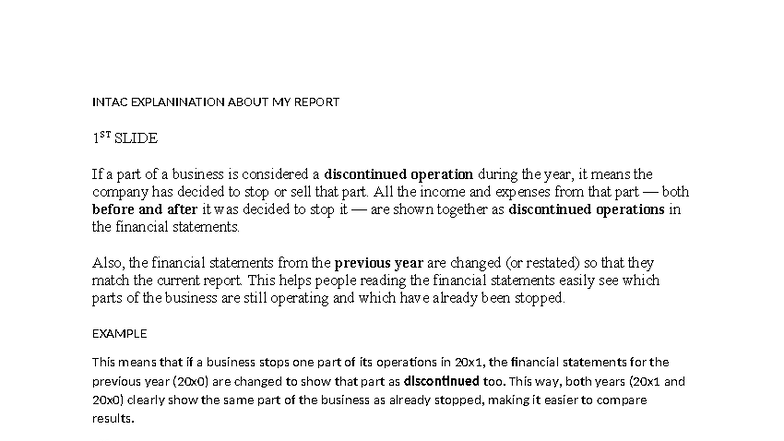 INTAC Financial Reporting on Discontinued Operations Overview - Studocu