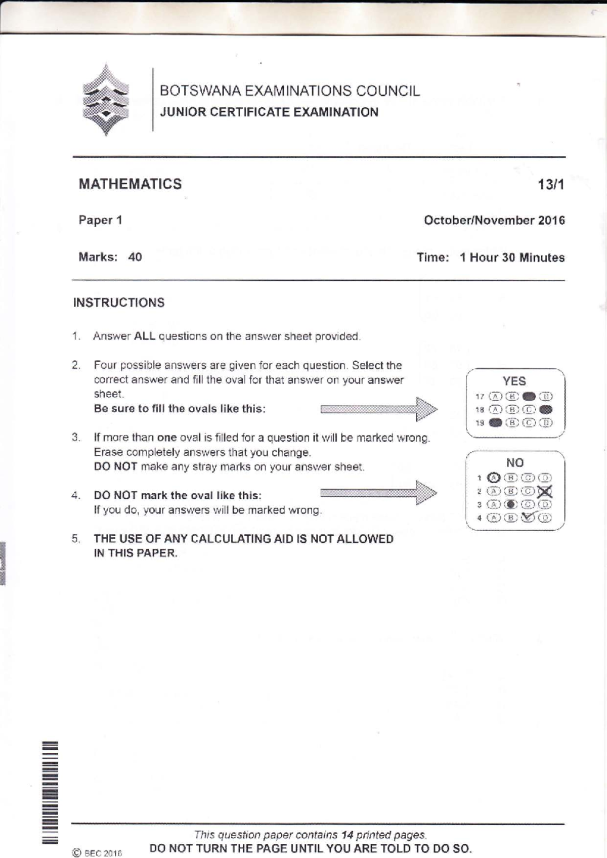 JCE 2016 13 - Botswana Junior Certificate Mathematics Exam Paper 1 ...