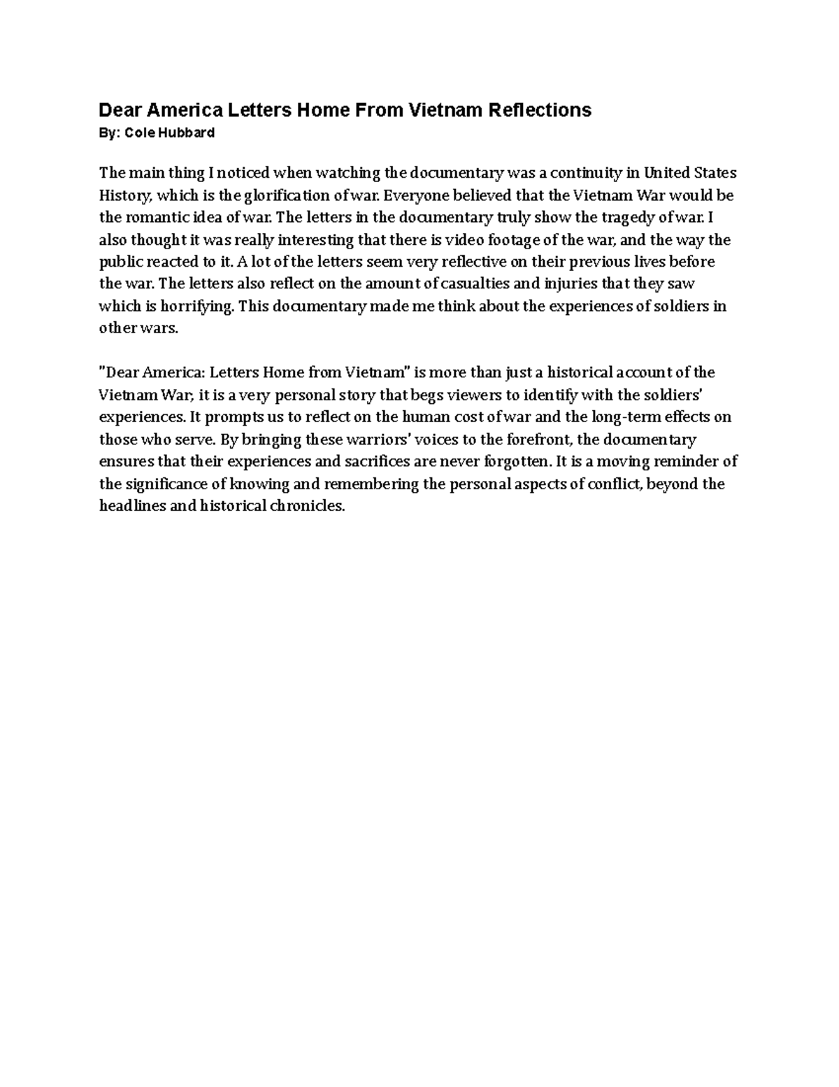 Dear America: Letters Home from Vietnam Reflections (Essay Notes) - Studocu